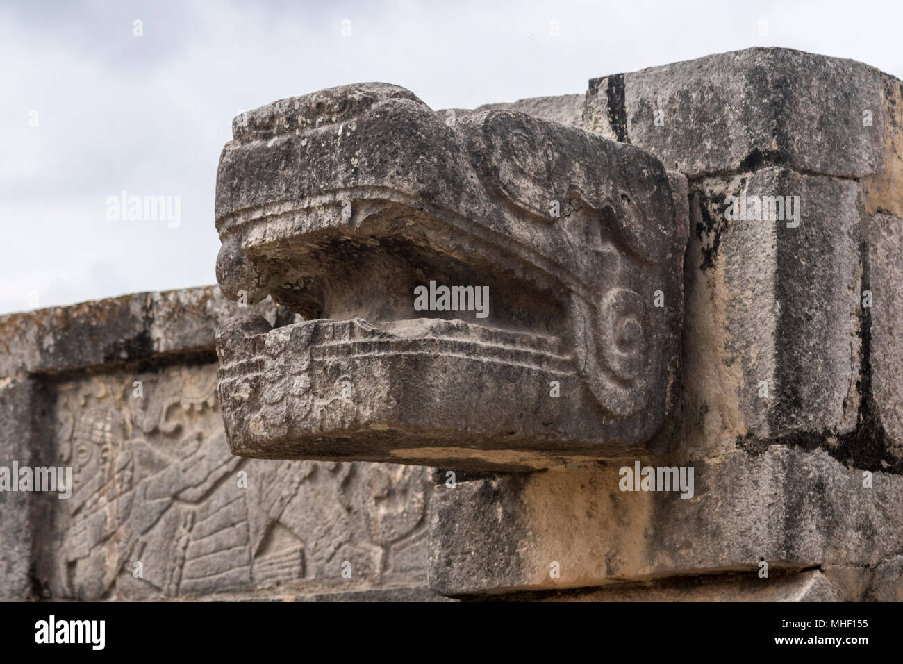 Kukulkan head detail showing fangs and tongue. This mayan deity, the ...