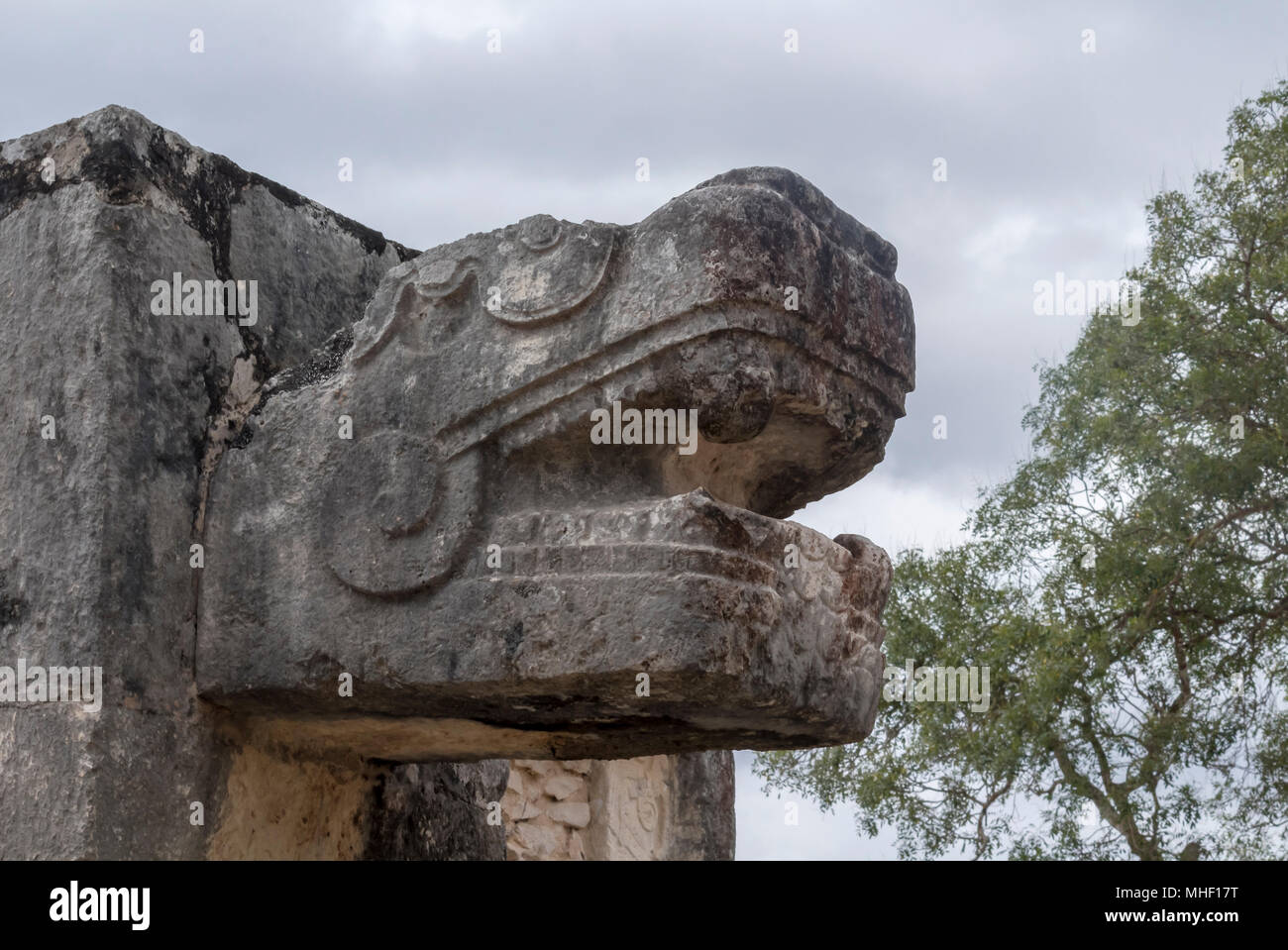 Kukulkan head detail showing fangs and tongue. This mayan deity, the ...