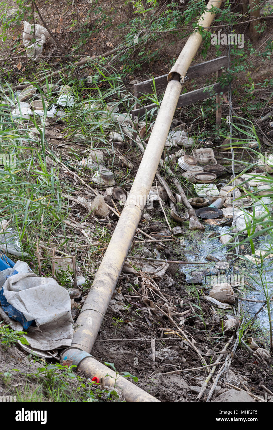 Waste water with the many garbage of the canal near the large city ...