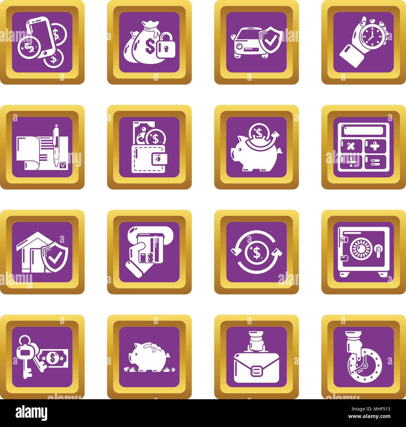 Credit icons set vector purple square isolated on white background ...