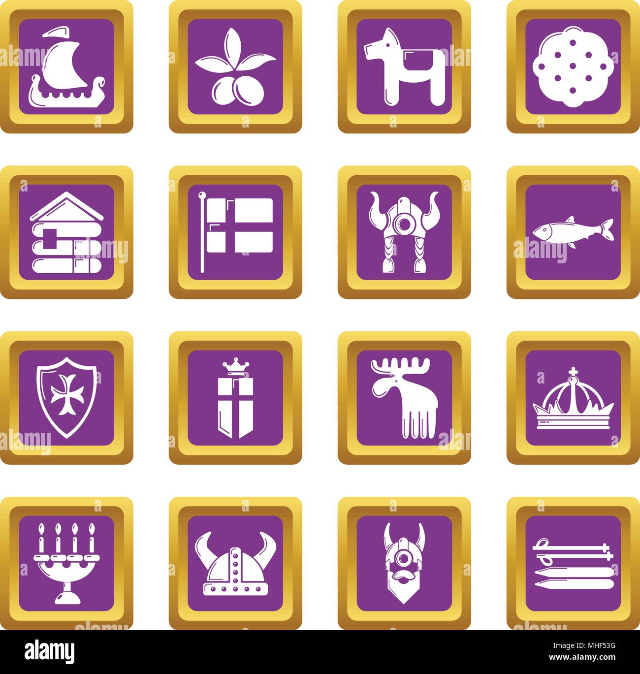 Sweden travel icons set vector purple square isolated on white ...