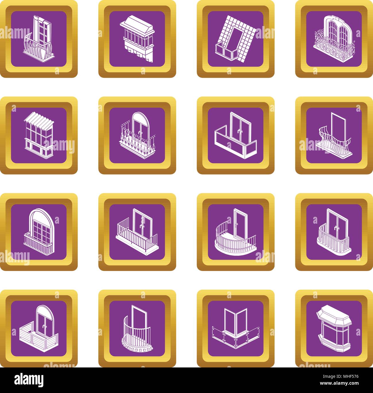 Balcony Window Forms Icons Set Vector Purple Square Isolated On White