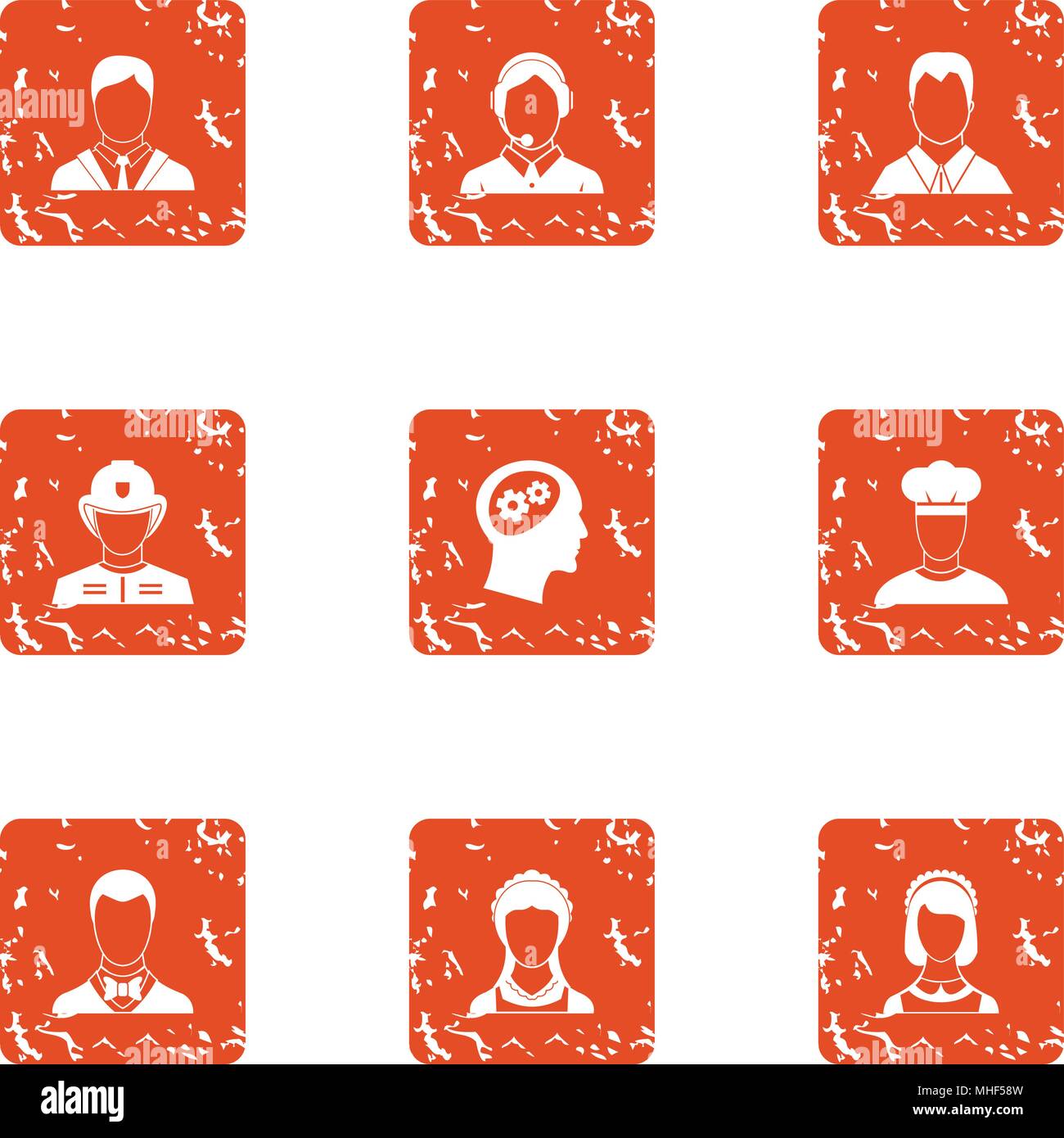 Skill character icons set. Grunge set of 9 skill character vector icons ...