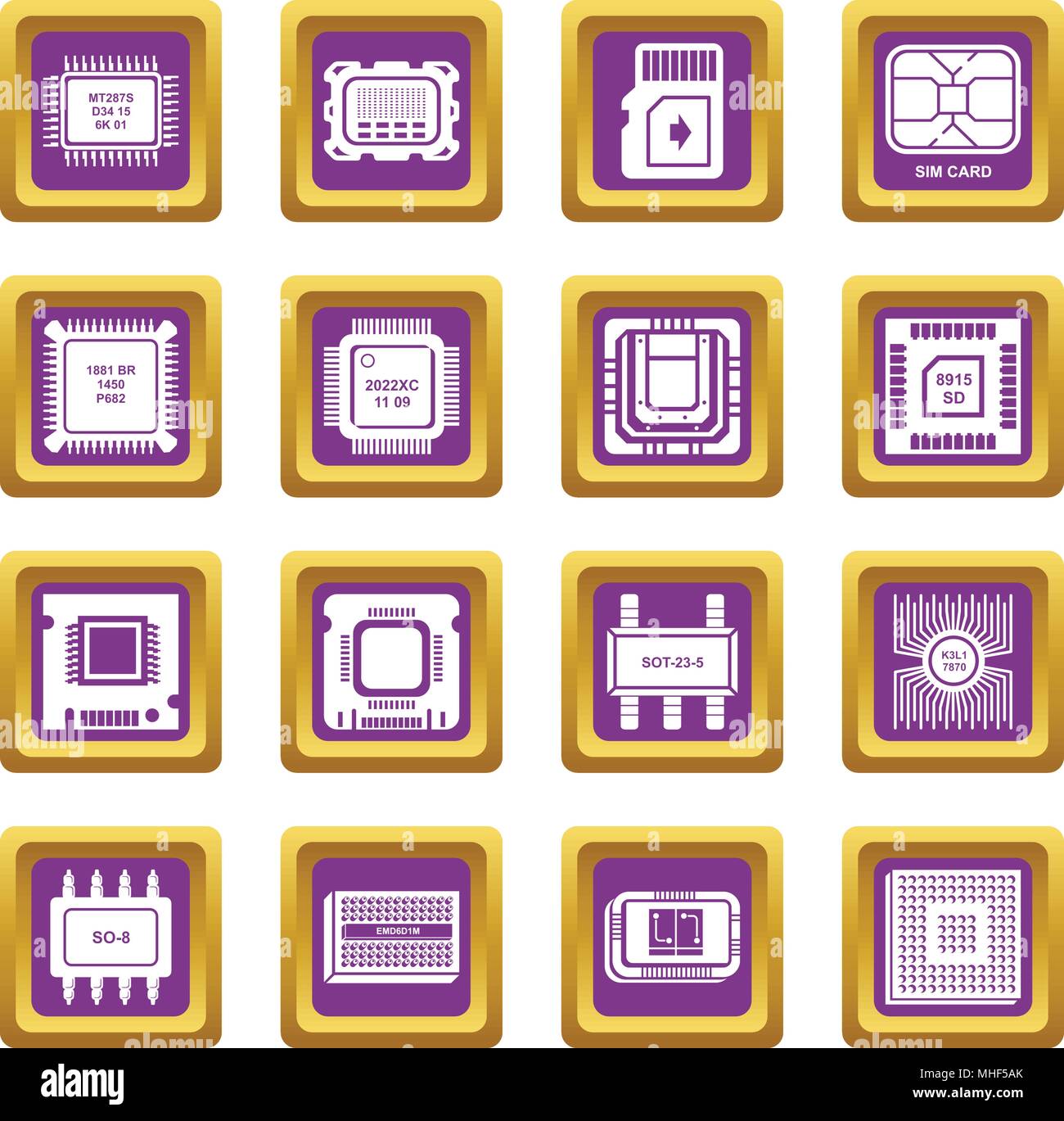 Computer chips icons set vector purple square isolated on white ...