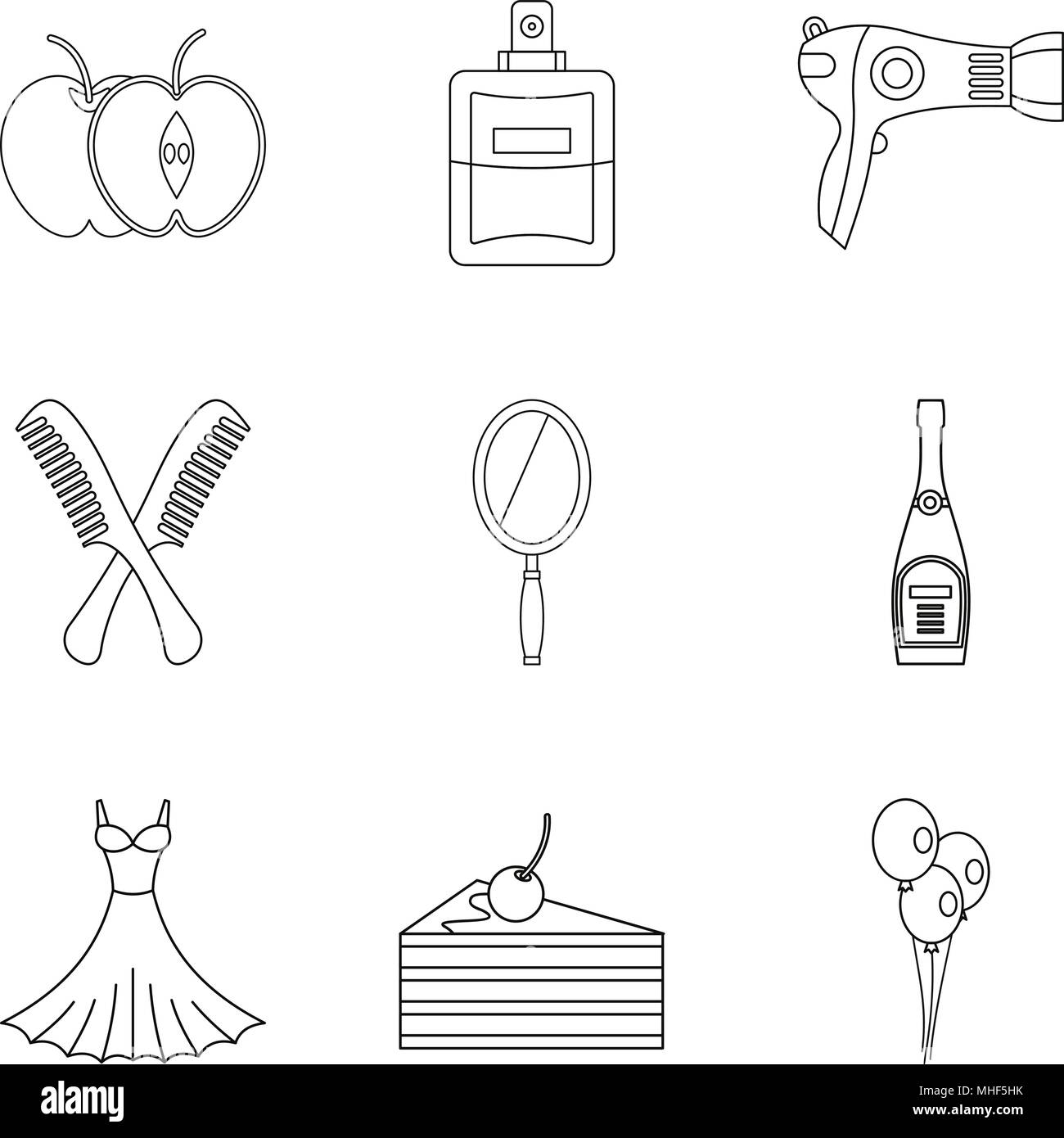 Elegancy lady icons set. Outline set of 9 elegancy lady vector icons ...