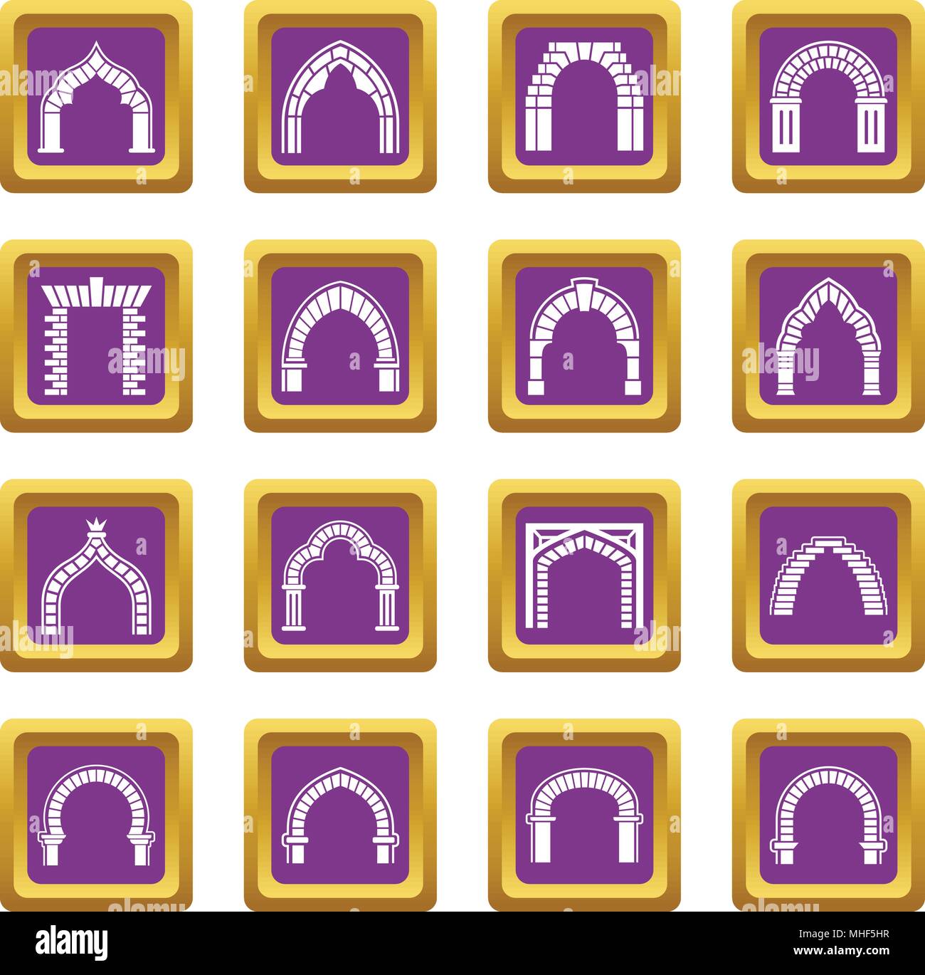 Arch types icons set vector purple square isolated on white background ...
