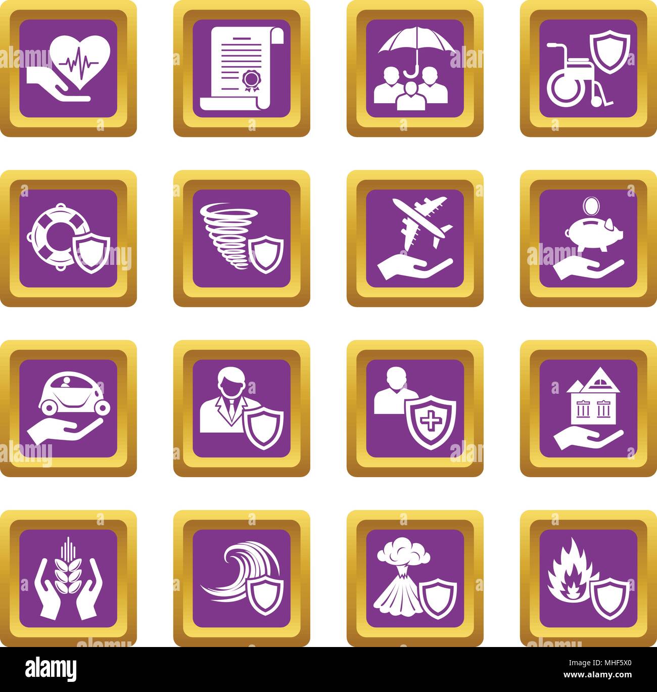 Insurance icons set vector purple square isolated on white background ...