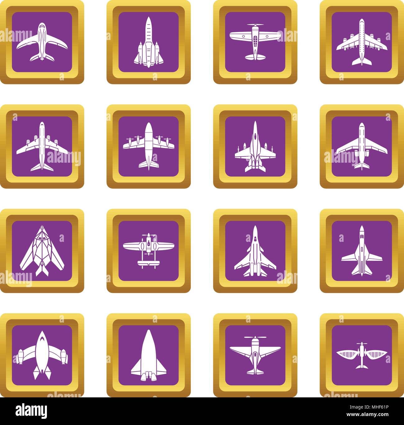 Airplane top view icons set vector purple square isolated on white ...
