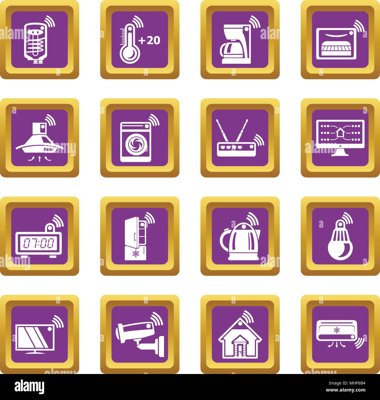 Smart home icons set vector purple square isolated on white background ...