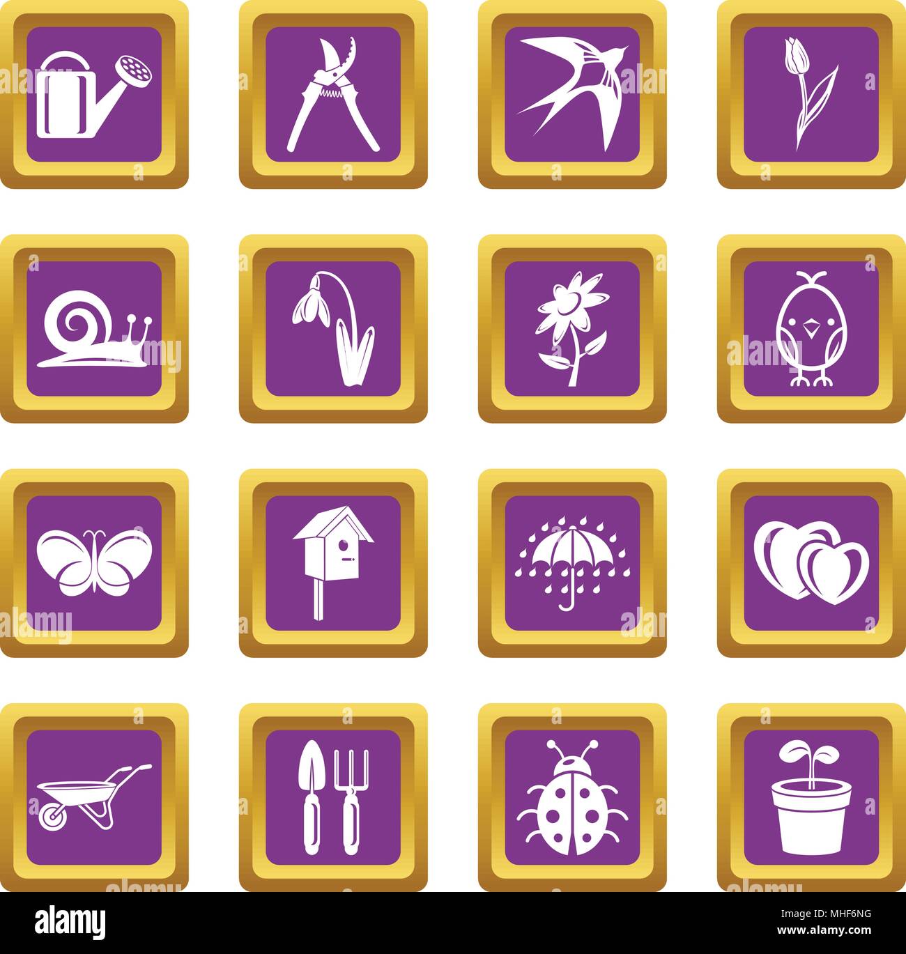 Spring icons set vector purple square isolated on white background ...