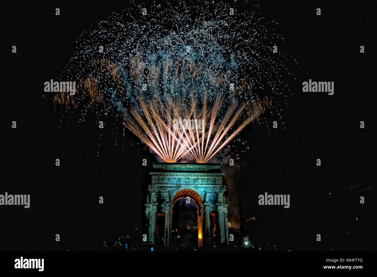 Happy new year fireworks on triumph arc in Genoa Italy Stock Photo - Alamy
