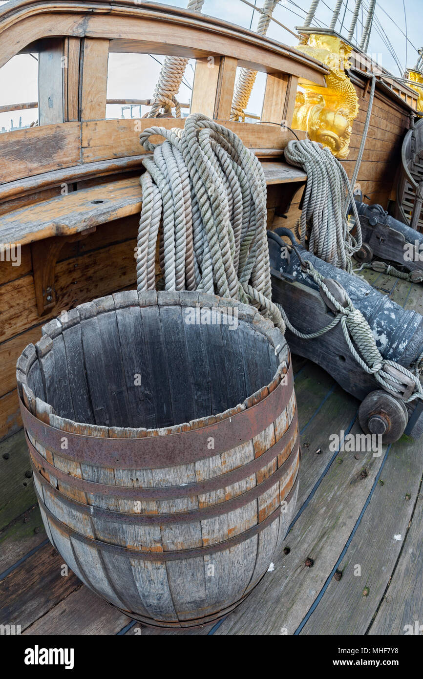 antique barrel on pirate sail ship detail Stock Photo - Alamy