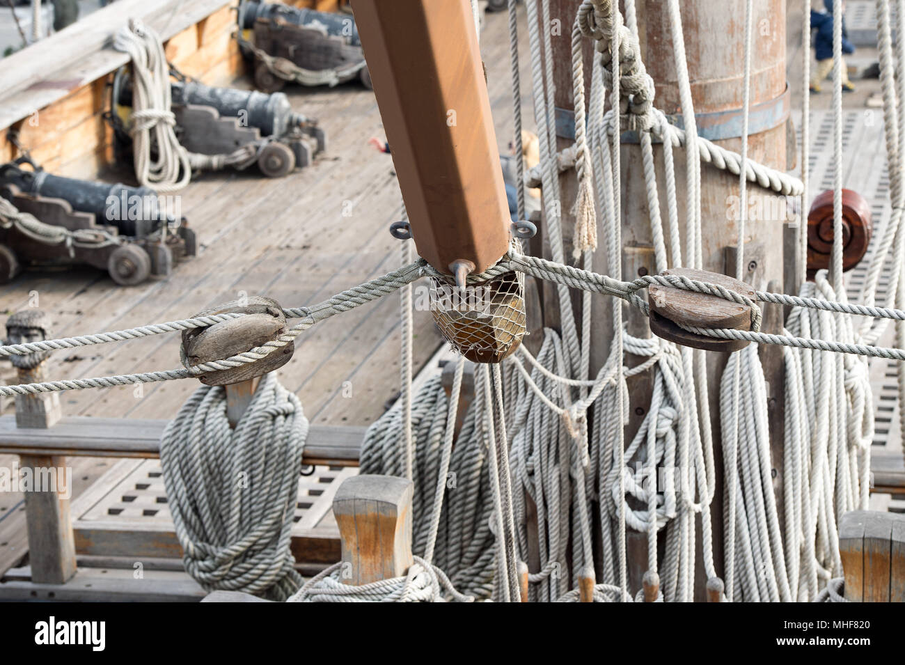 old pirate vessel detail of shroud and rope Stock Photo - Alamy