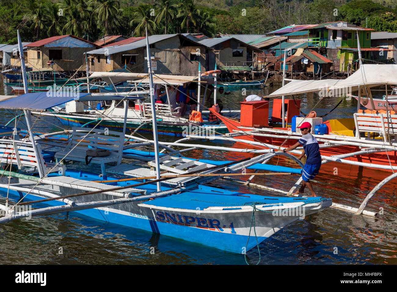 Coron Palawan Philippines April 11, 2018 Boats in the port of Coron ...