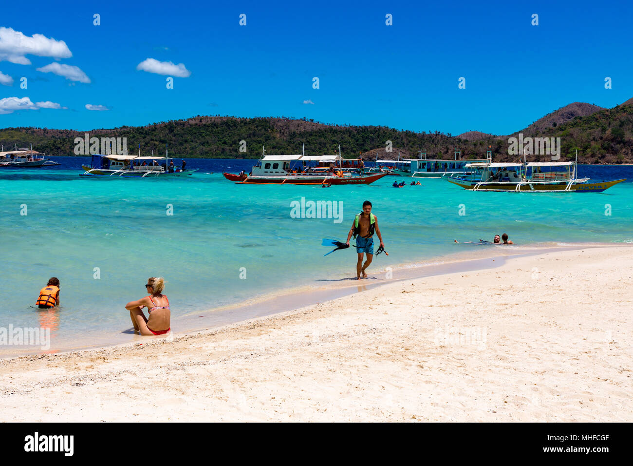 Coron Palawan Philippines April 12, 2018 Pink coral sand on CYC beach ...