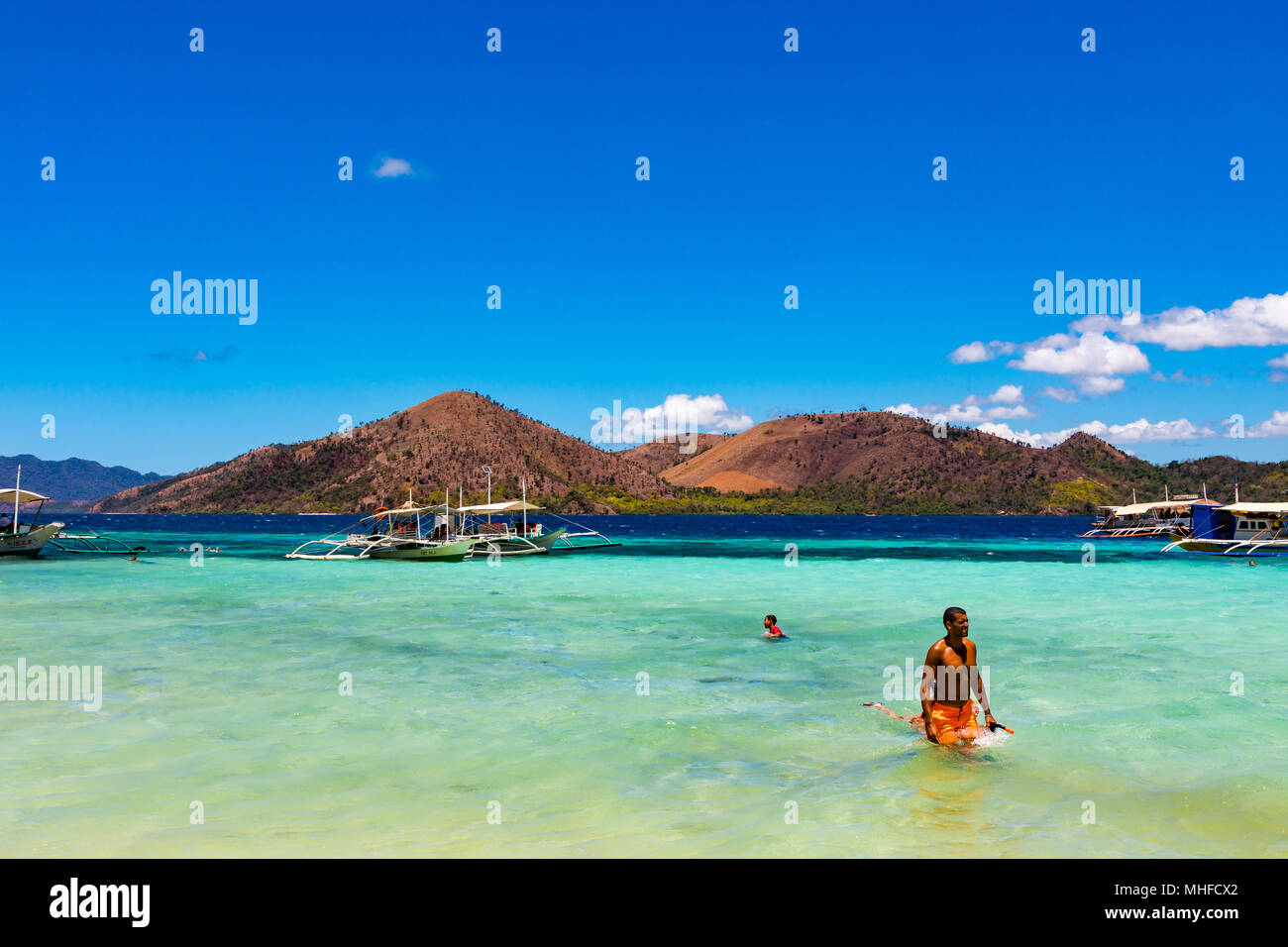 Coron Palawan Philippines April 12, 2018 Pink coral sand on CYC beach ...