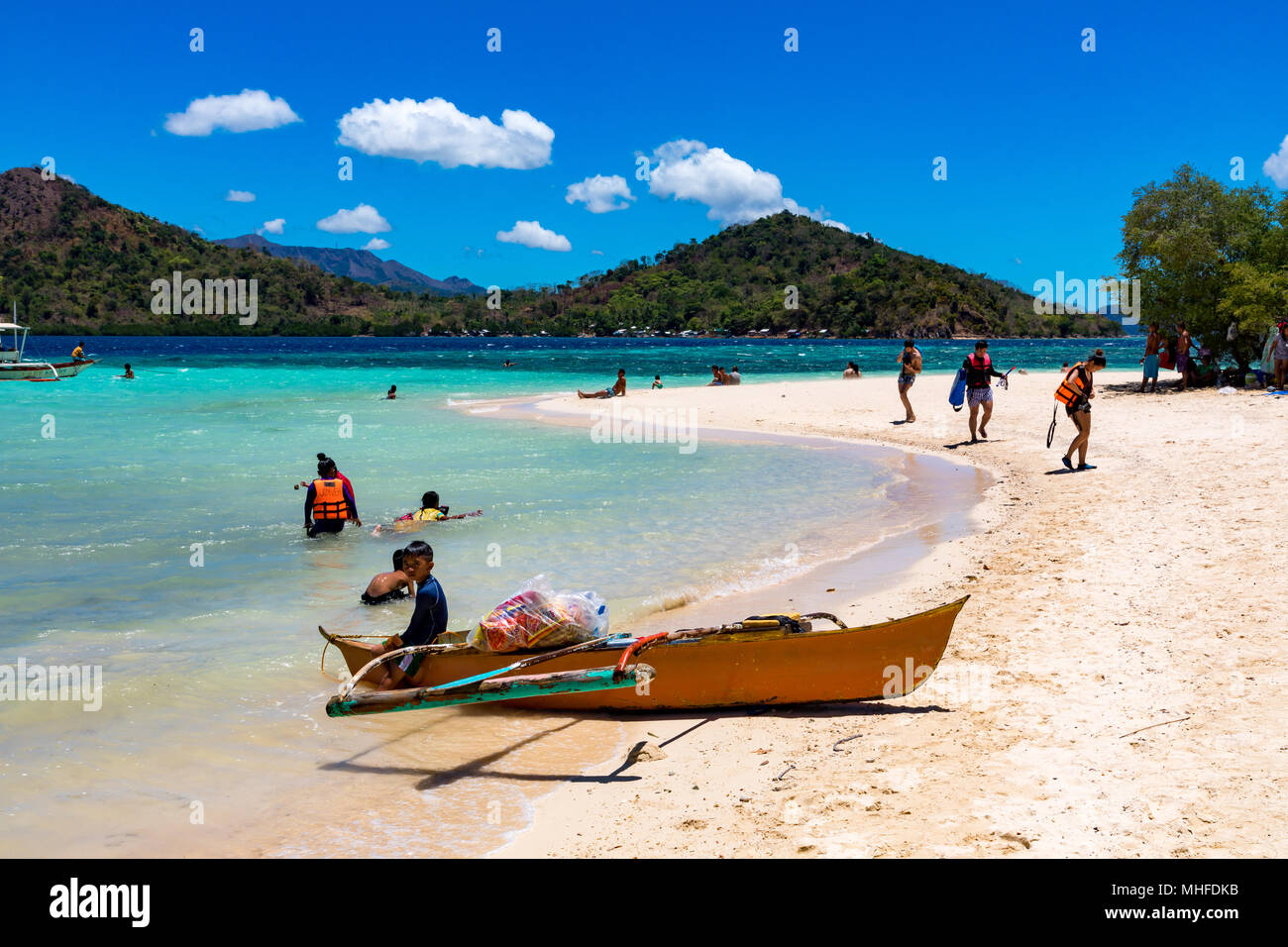 Coron Palawan Philippines April 12, 2018 Pink coral sand on CYC beach ...
