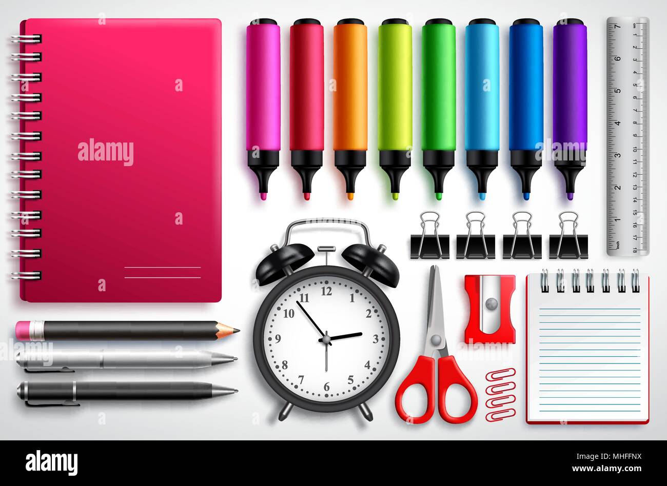 School materials vector set with coloring pens, notebook and office ...