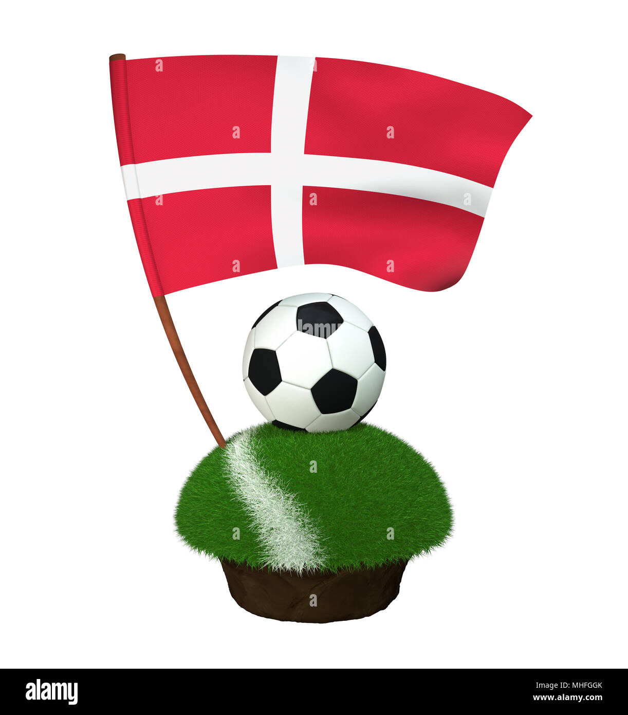 A black and white round ball for playing football and the national flag ...