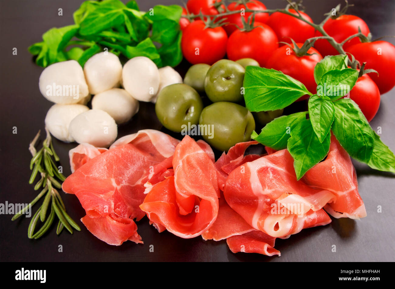 Prosciutto Smoked Pork Ham Rashers with cherry tomato, mozzarella and ...