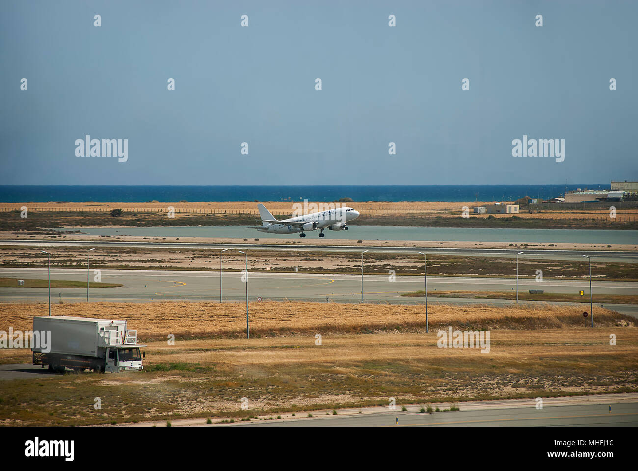 Aircraft taking off from Larnaca International Airport, Cyprus Stock ...