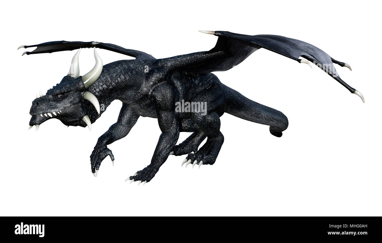 3D rendering of a fantasy black dragon isolated on white background ...