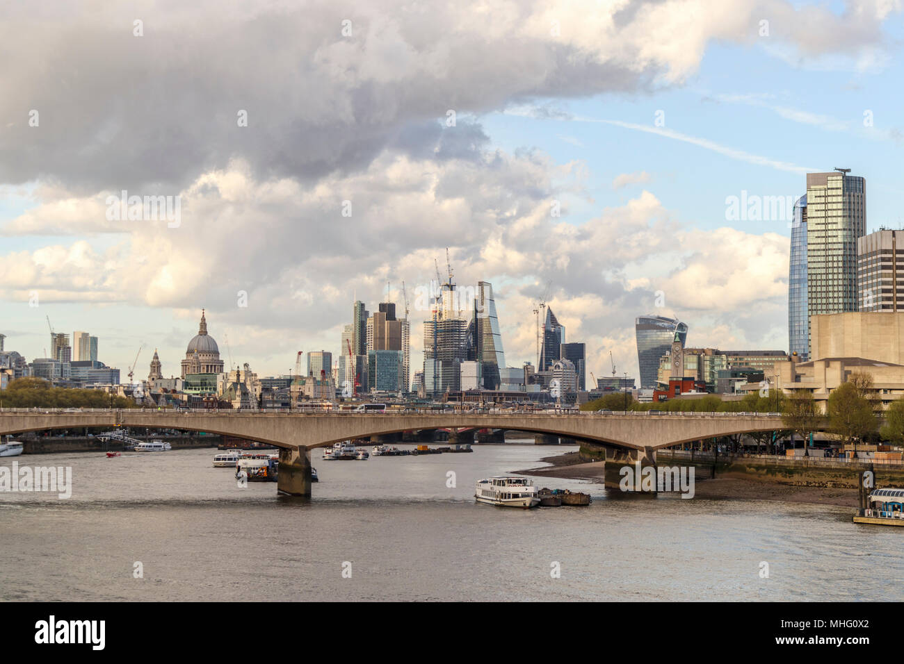Panoramic view of the River Thames over Waterloo Bridge from the South Bank to the City of ...