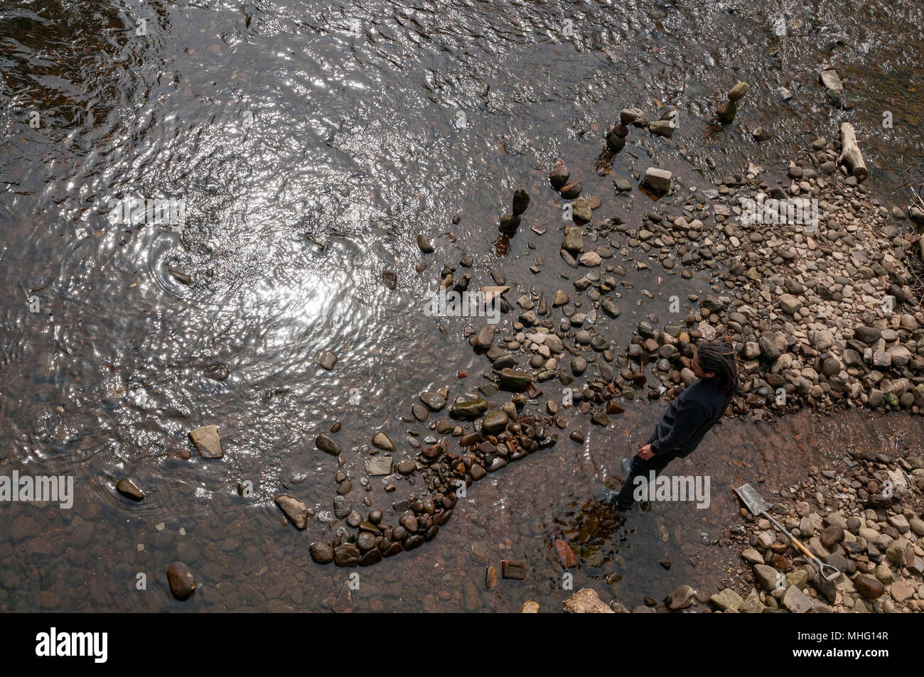 Stone balancer at work in river Calder Stock Photo - Alamy