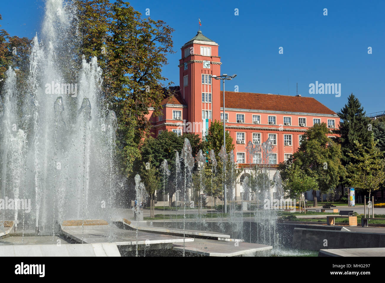 Amazing view of Town Hall and Fountain in the center of City of Pleven ...