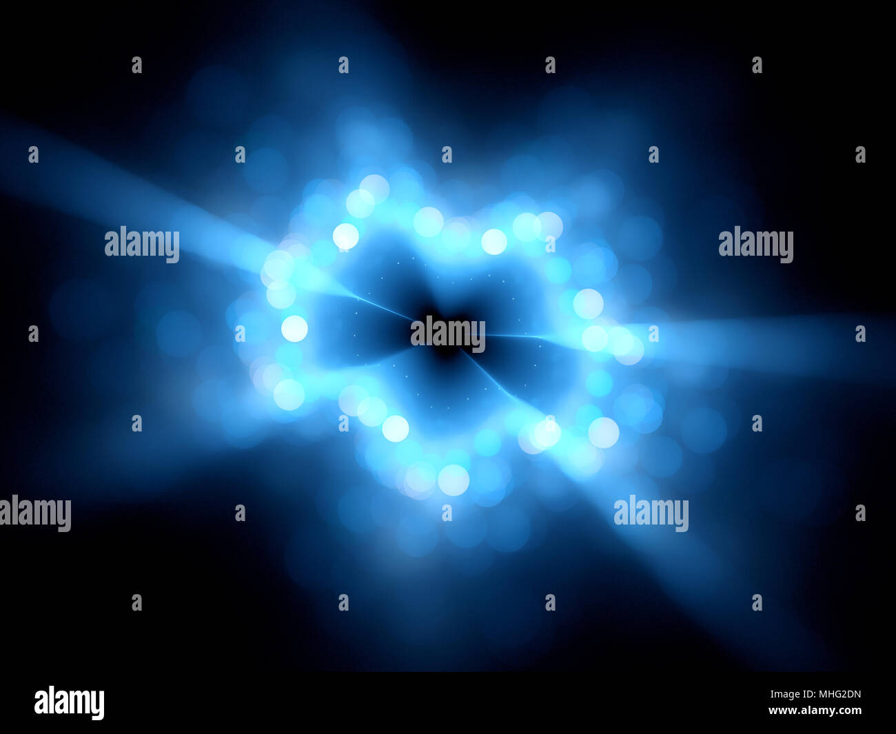 Blue glowing light beams with round bokeh space, computer generated ...