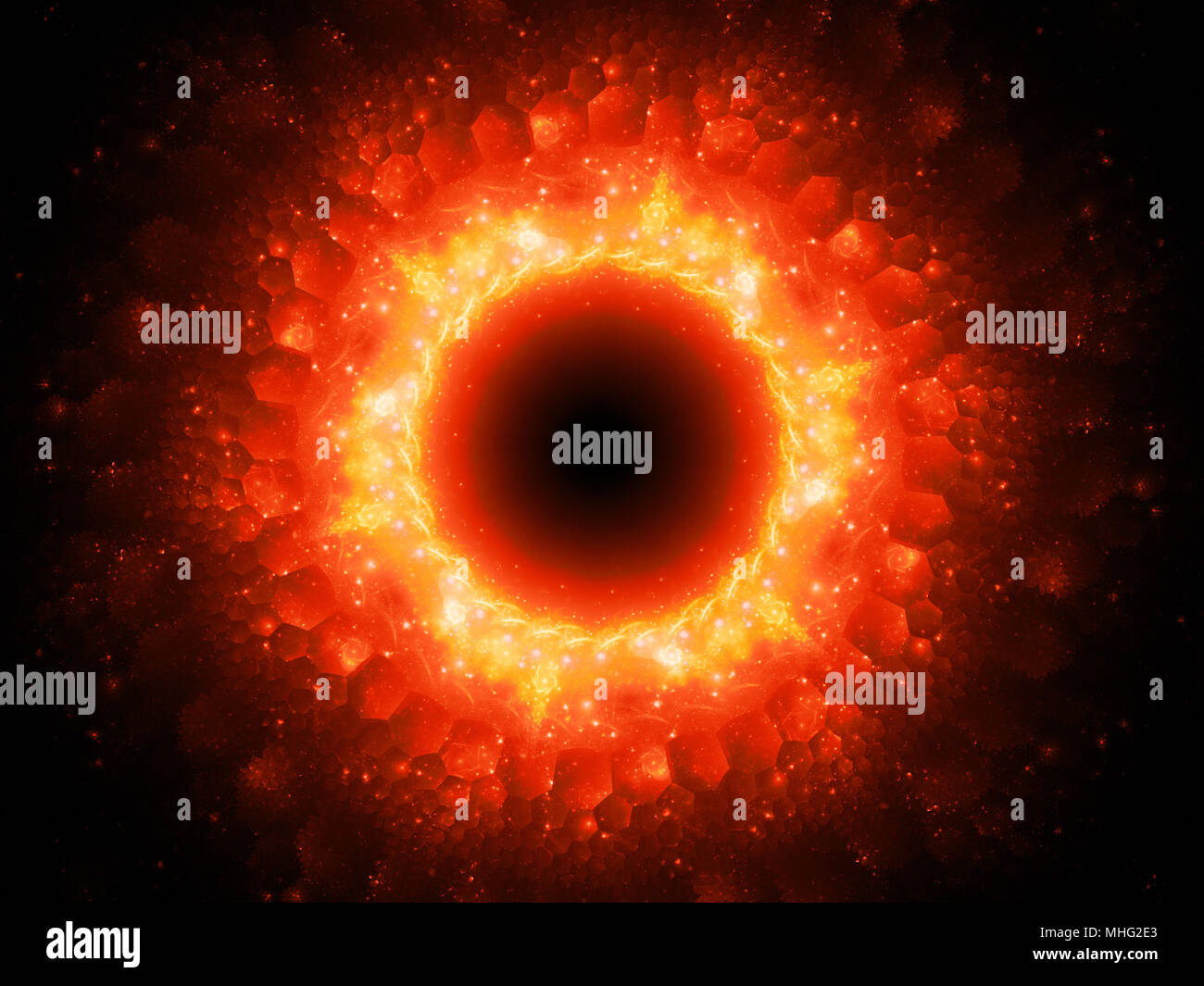 Fiery glowing magical stargate in space with hexagonal patterns ...