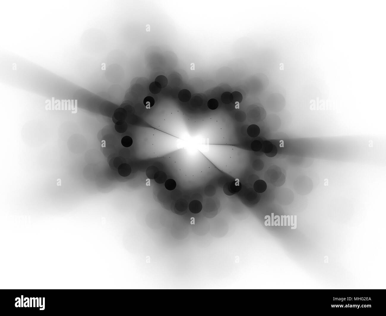 Glowing light beams with round bokeh in space, computer generated ...