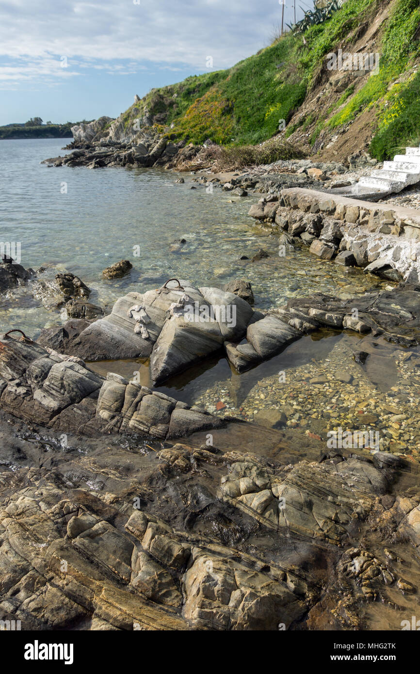 Seascape wiht Rocks and small beach in Ammouliani island, Athos ...