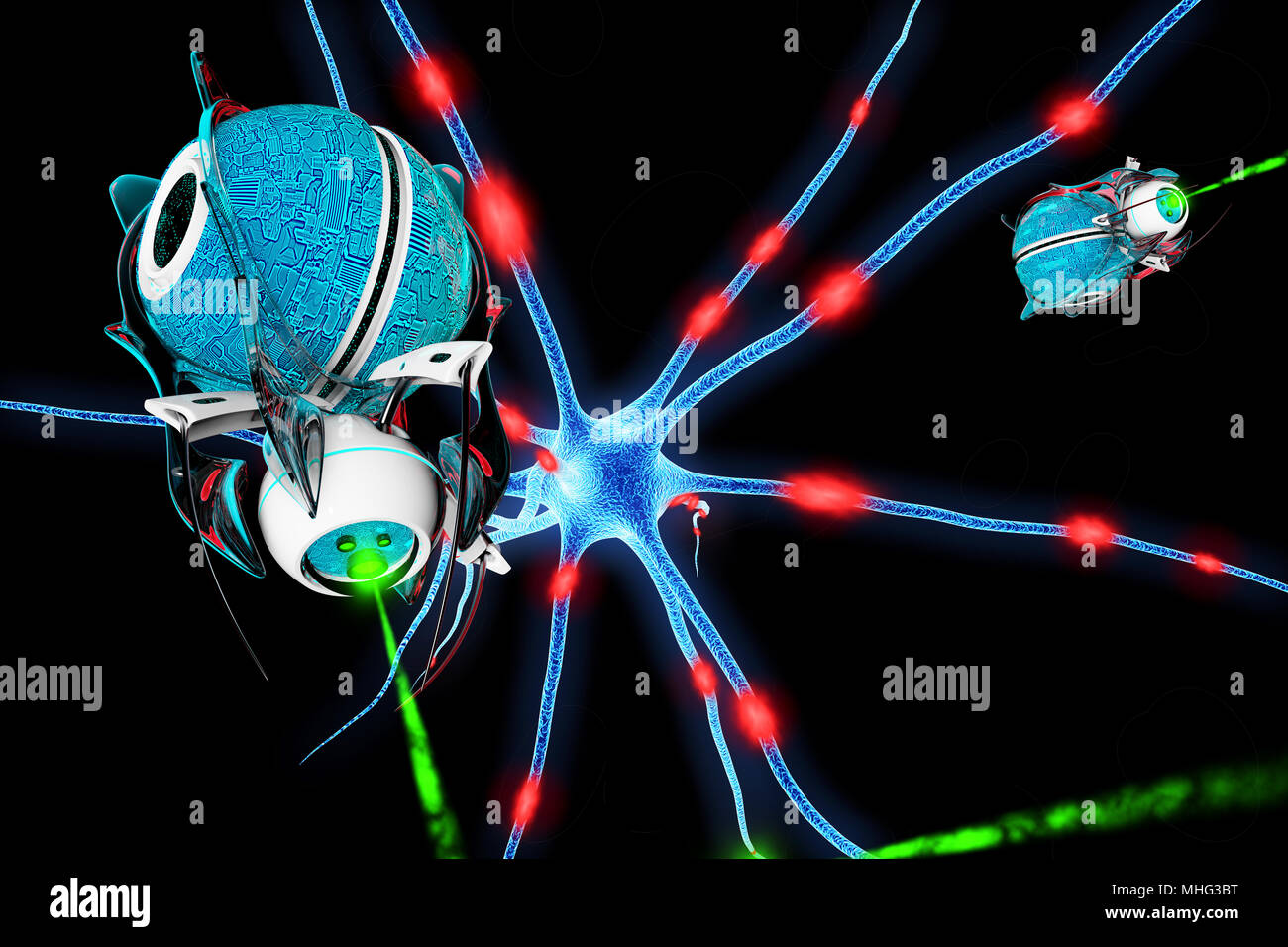 The neurons of the brain cell and nano robot. Medical concept future ...