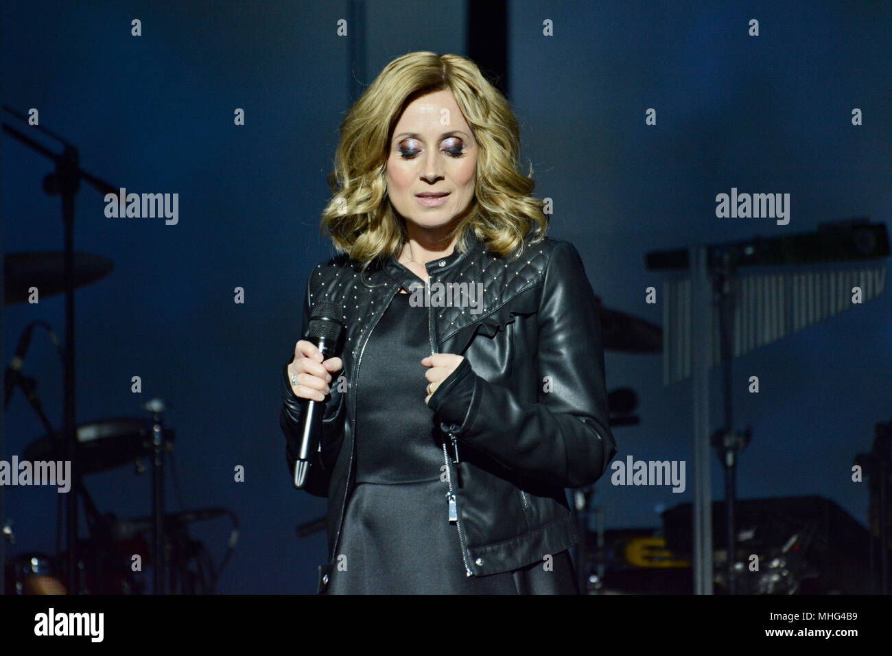 Belgian singer Lara Fabian performs live on stage during a concert at ...
