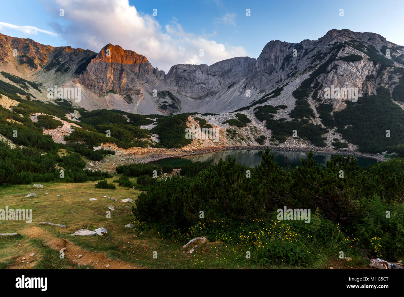Amazing sunset of Sinanitsa peak and the lake, Pirin Mountain, Bulgaria ...