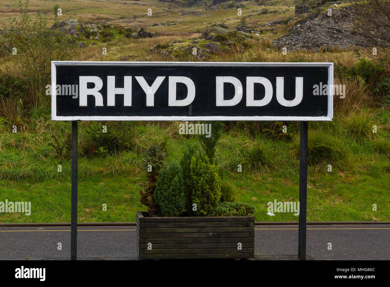 The sign at restored station of Rhyd Ddu, on the Welsh Highland Railway ...