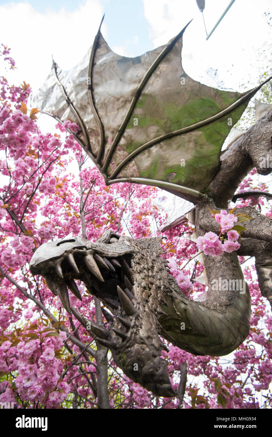 A Metal Dragon Sculpture against a backdrop of spring blossom in ...
