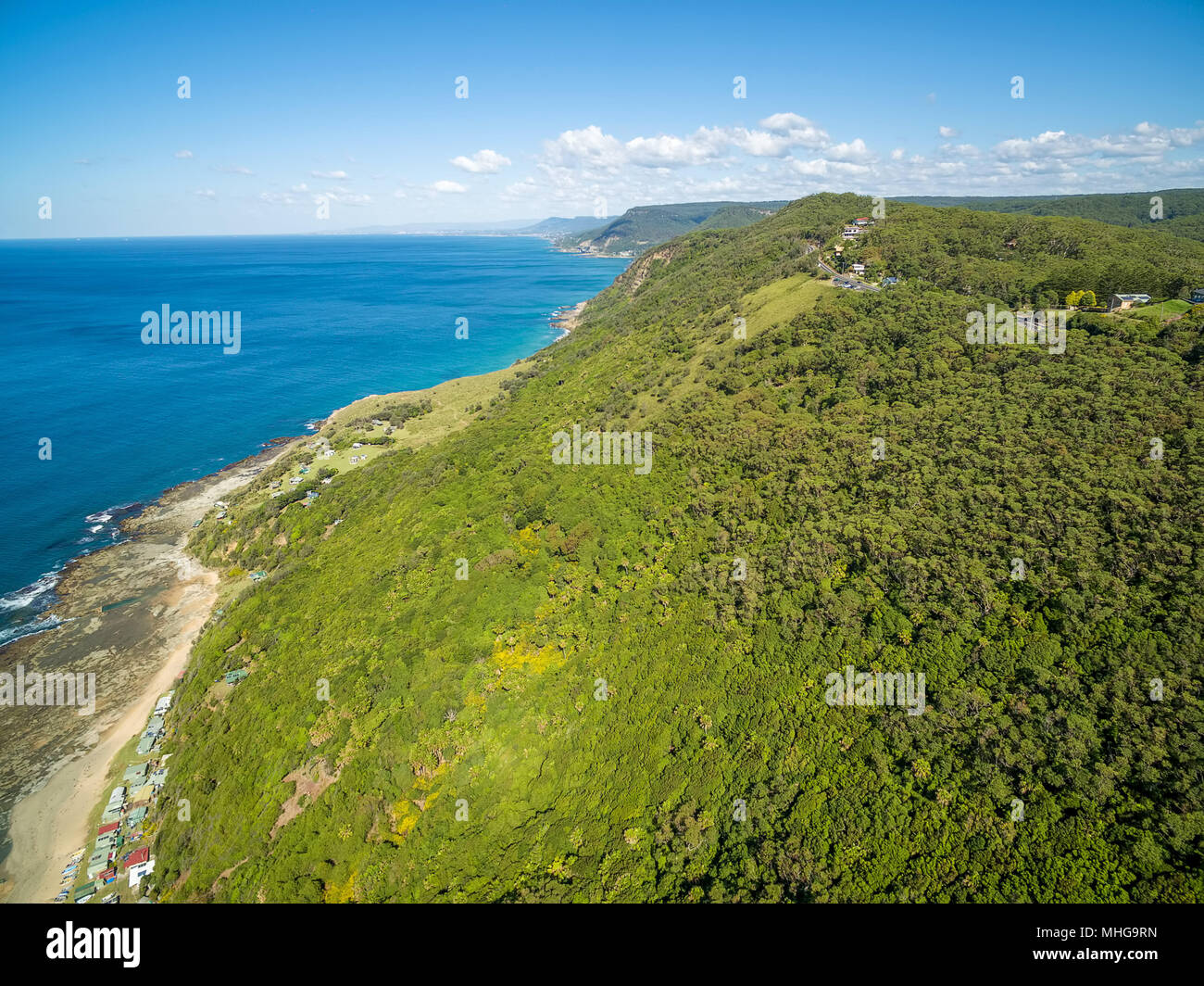 Aerial view of rugged coastline on Grand Pacific Drive. Sydney ...