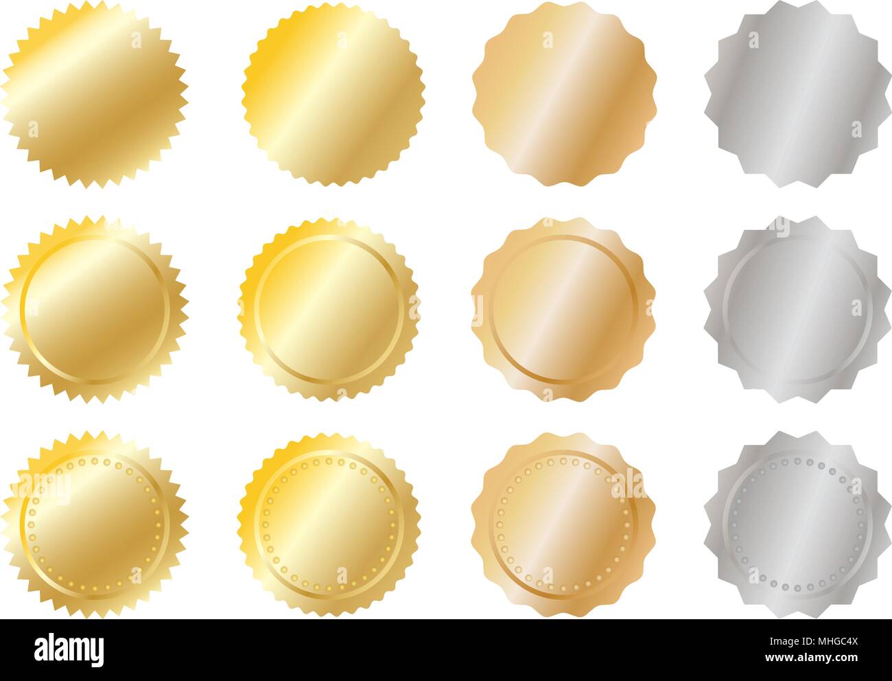 Close up metal achievement and award badges (golden, silver and copper ...