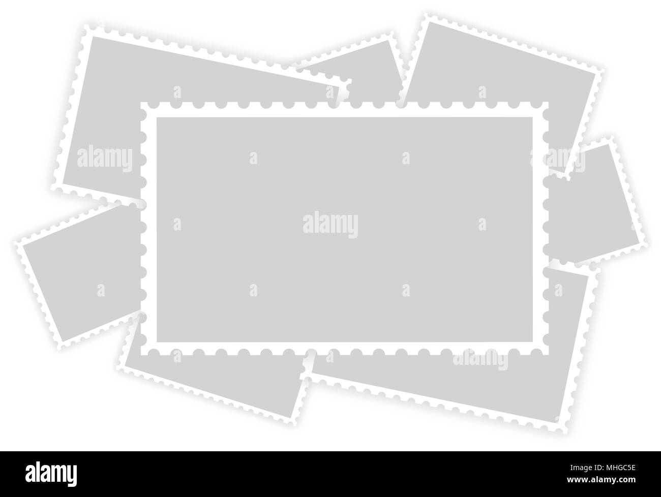 Many old retro style grey blank paper postage stamp frames with shadow ...