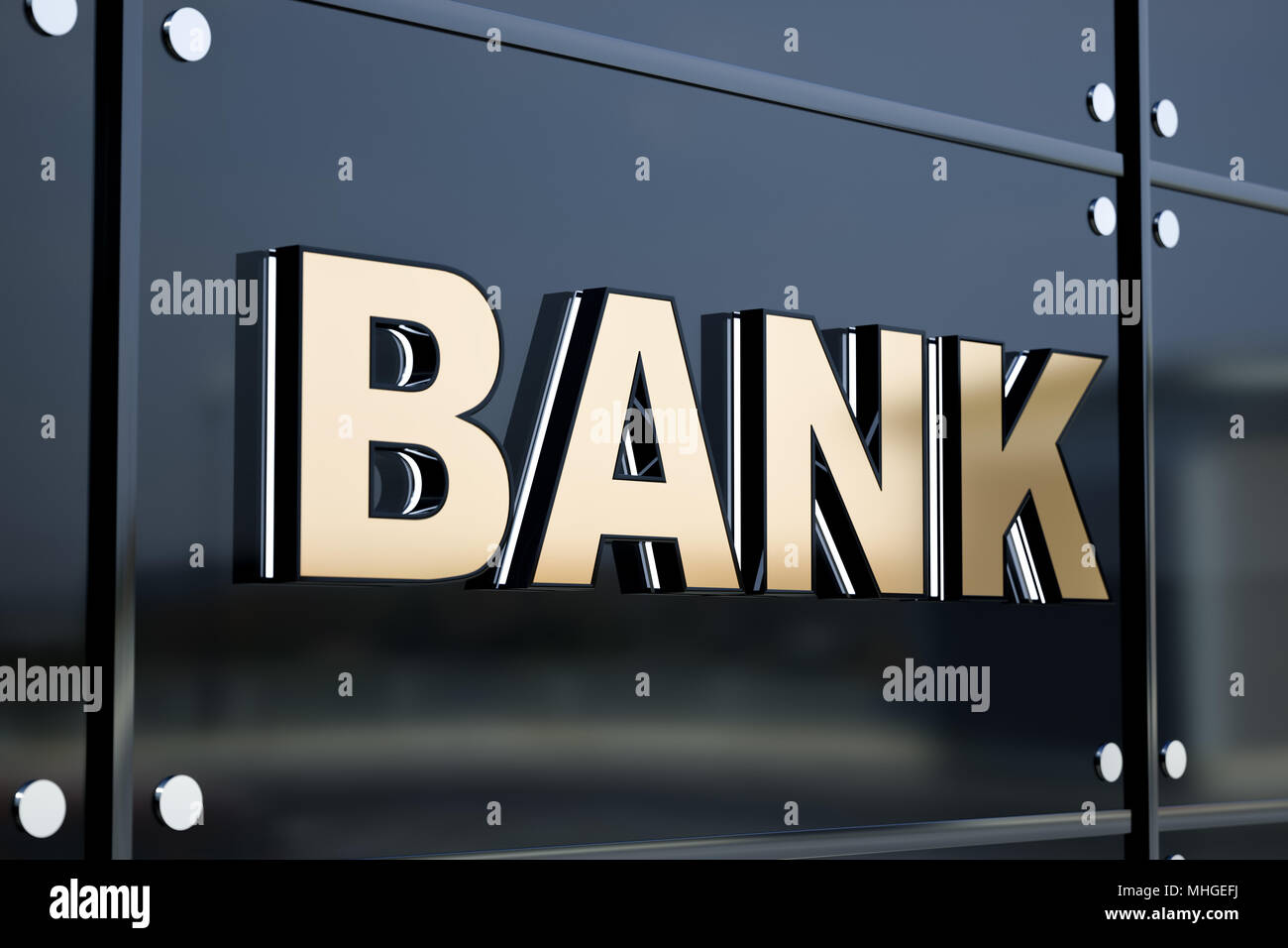 Bank sign on reflective building side. 3d rendering illustration Stock ...
