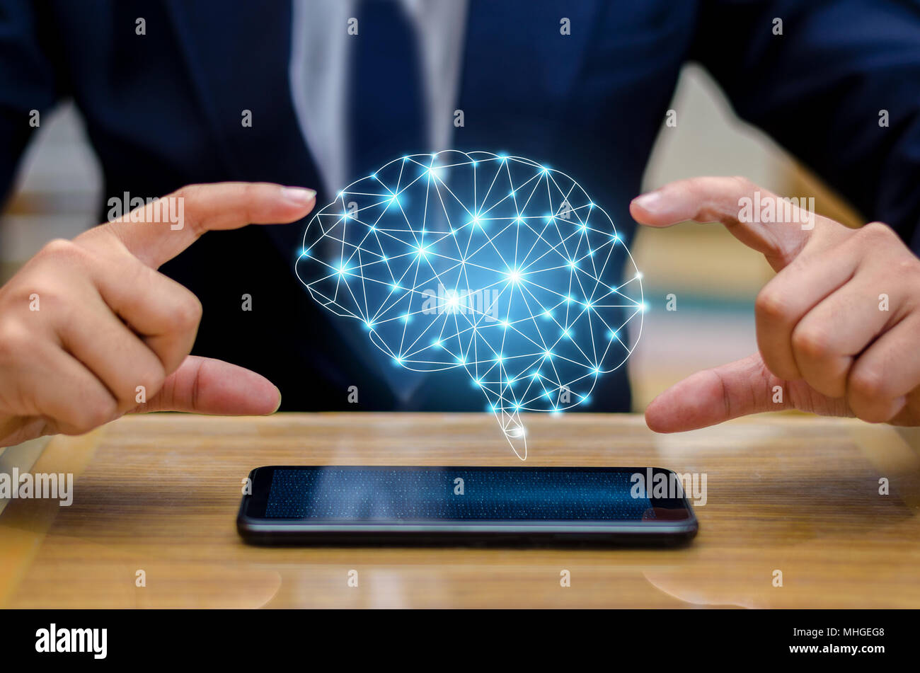 Hand Businesspeople press the phone. Brain Graphic Binary Blue ...