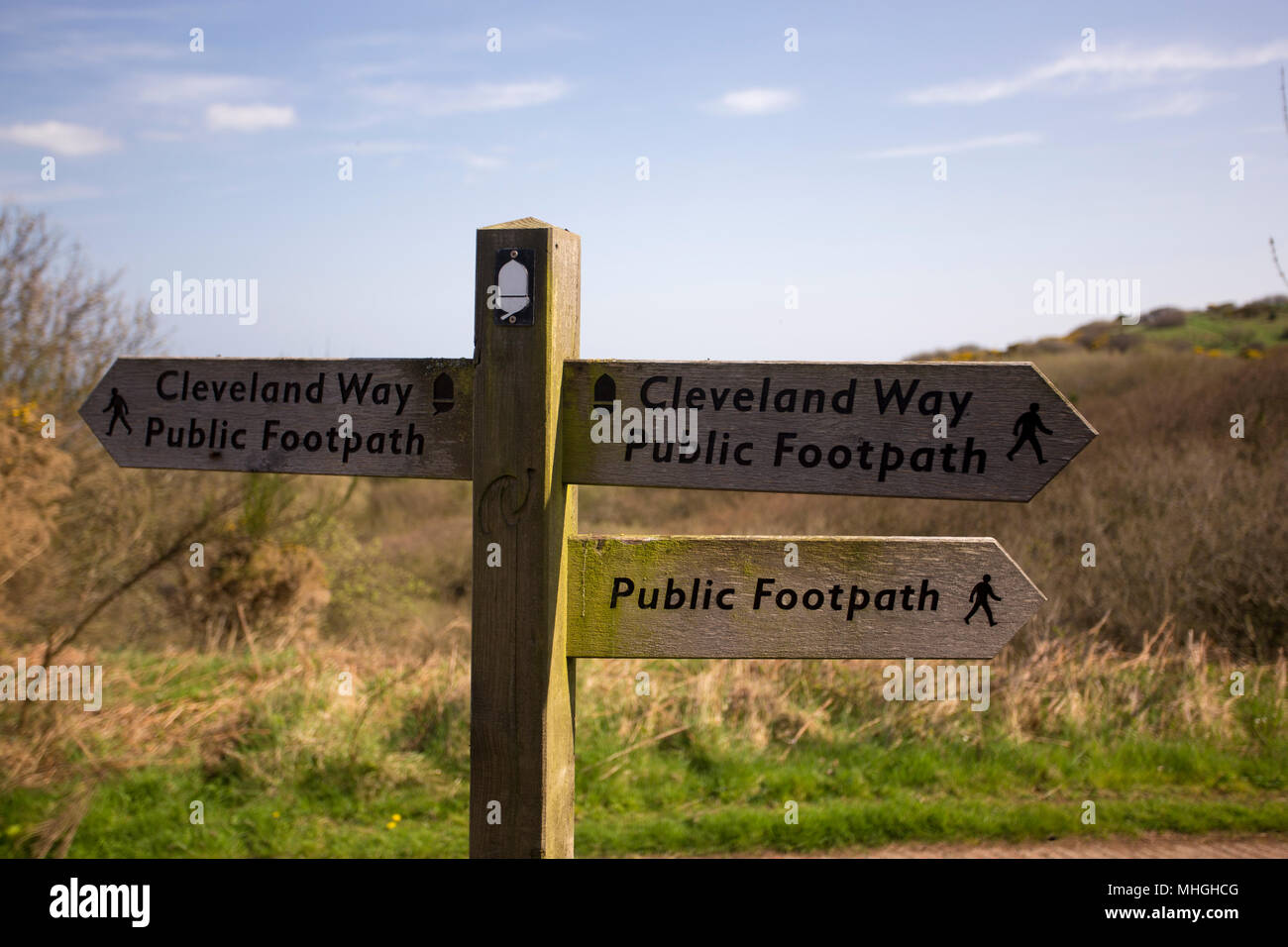 Wooden footpath sign on the Cleveland way long distance footpath Stock ...