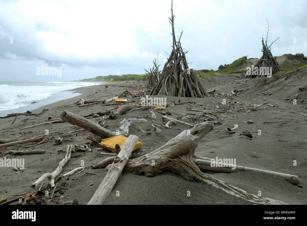 Drift wood structures built on Sigatoka Sand Dunes National Park. Fiji ...