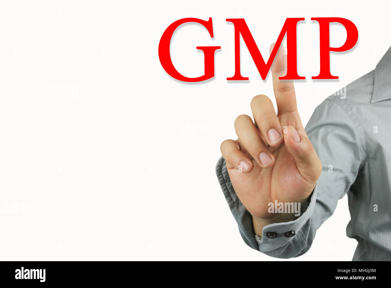 Hand of businessman point to the red GMP text isolated on white ...