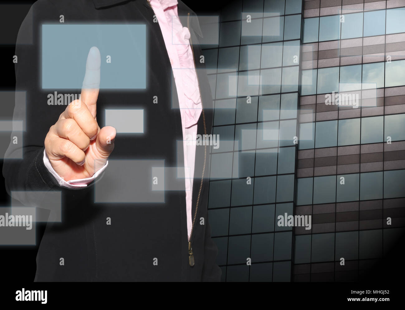 Hand of a businesswoman use finger to touch the glowing empty rectangle ...