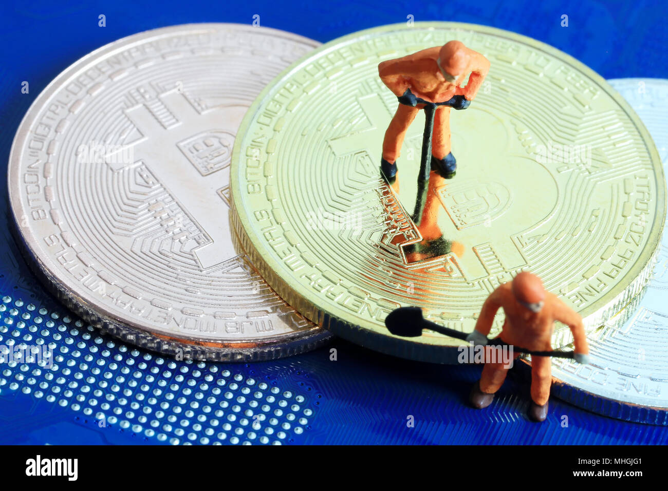 Model people of miners are standing on the gold bitcoin for design in ...