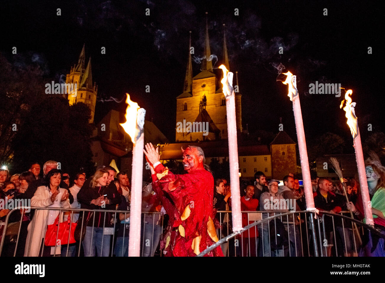 30 April 2018, Germany, Erfurt: A performer enacting the role of the ...