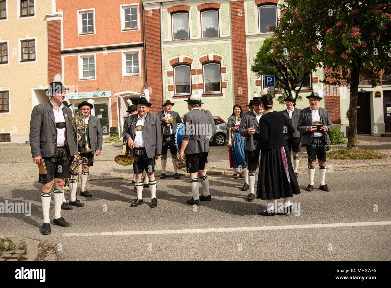 The marching band accompanying the maypole gets ready to start playing ...